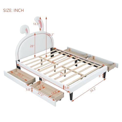HBRR Wooden Bed Frame Full Size with 4 Storage Drawers and Bunny Ears Headboard, Upholstered Platform Bed with Storage for Kids Teens Boys & Girls, No Box Spring Needed, White