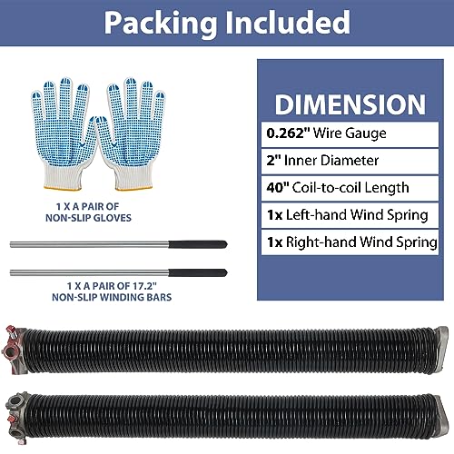 Pkgvis Garage Door Torsion Springs 2'' (Pair) with Non-Slip Winding Bars, Black Coated, Minimum 18,000 Cycles, 7' or 8' High Doors, 3 Year Warranty