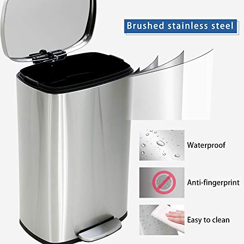Stainless Steel Kitchen Trash Can with Soft Slow Lid Pedal Step 13 Gallon / 50 Liter Garbage Can Removable Plastic Inner Bucket Trash Bin for Bathroom Kitchen and Office Large Trash Bin,Silver
