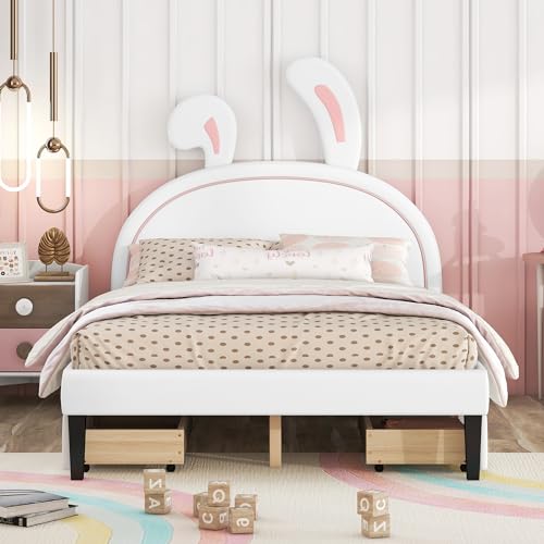 HBRR Wooden Bed Frame Full Size with 4 Storage Drawers and Bunny Ears Headboard, Upholstered Platform Bed with Storage for Kids Teens Boys & Girls, No Box Spring Needed, White