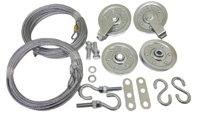 Garage Door Extension Spring Pulley Kit with Cables sheave Pulley Replacement Kit Door Pulley System Stud Clevis Bolts Nuts Washers Brackets Eye Bolts s Hook (Kit with Silver Pulleys)