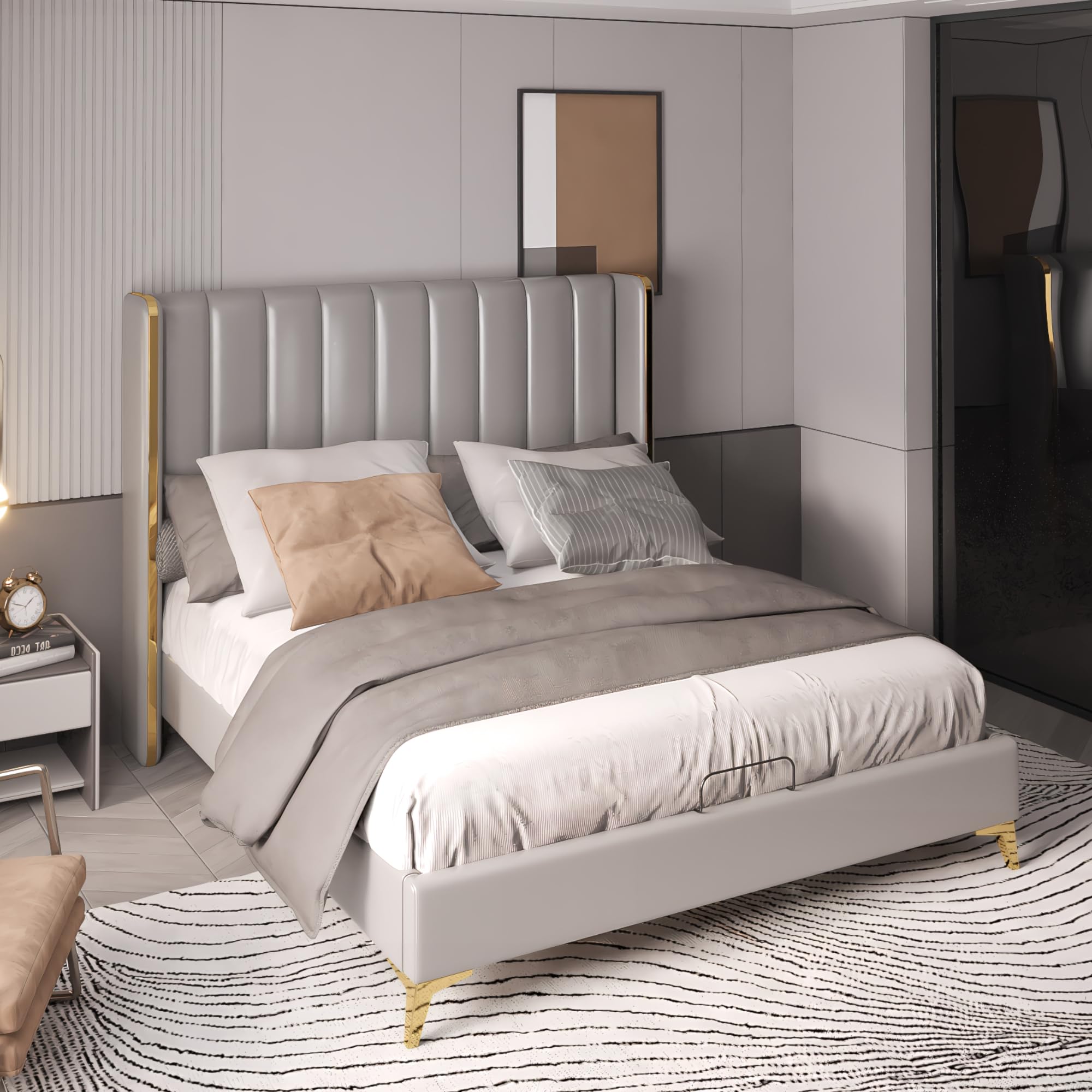 King Size Bed Frame, Upholstered Platform Bed with Tall Channel Tufted Headboard, Classic Modern Grey Mattress Foundation with Thickening Pine Wooden Slats and Metal Leg, No Box Spring Needed