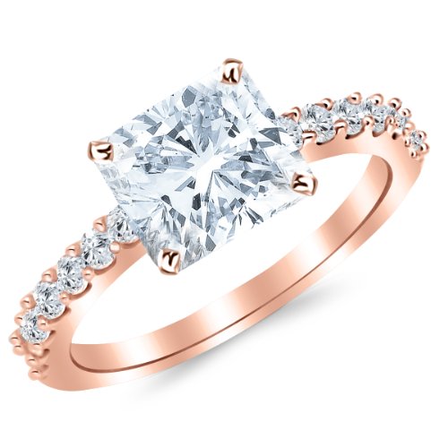 0.93 Carat 14K Rose Gold Classic Prong Set Cushion Cut Diamond Engagement Ring (D Color SI1 Clarity Center Stones)