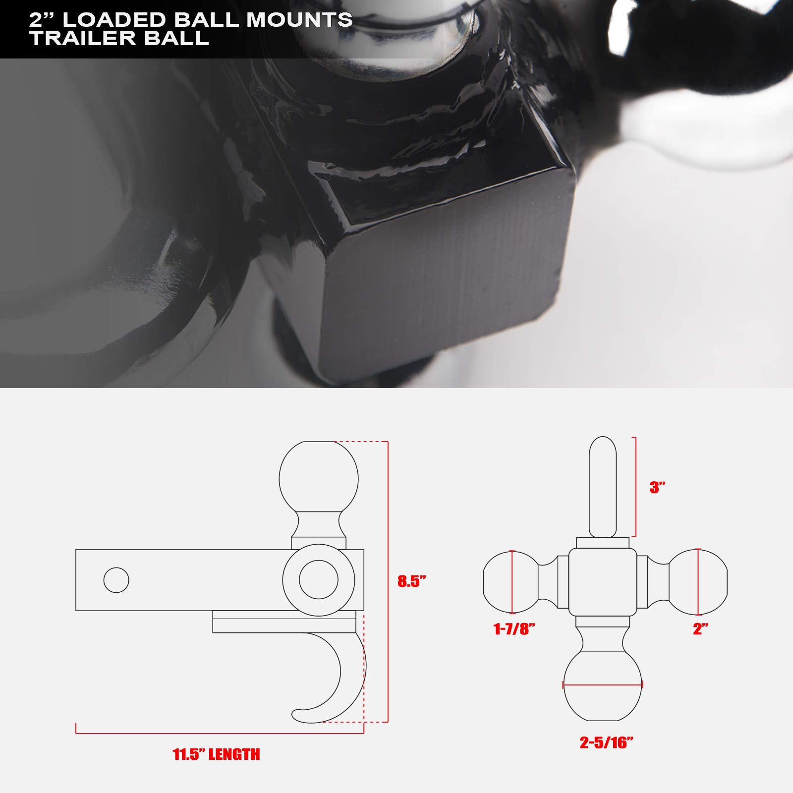 Stehlen 642167819264 Universal Trailer Hitch 3-in-1 Loaded Tri-Ball Mount with Hook Receiver 2" - Silver with Polished Chrome