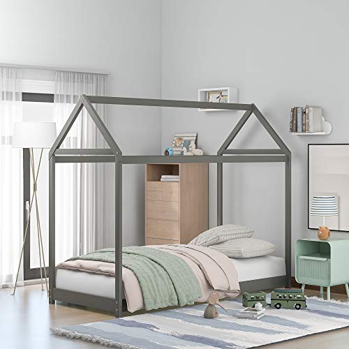 LIADTOP Twin Size Wooden House Bed,Wooden Twin Platform Bed Frame with Headboard and Footboard, Roof Design, for Toddlers Kids Boys Girls Teens,No Box Spring Needed,Grey(New)