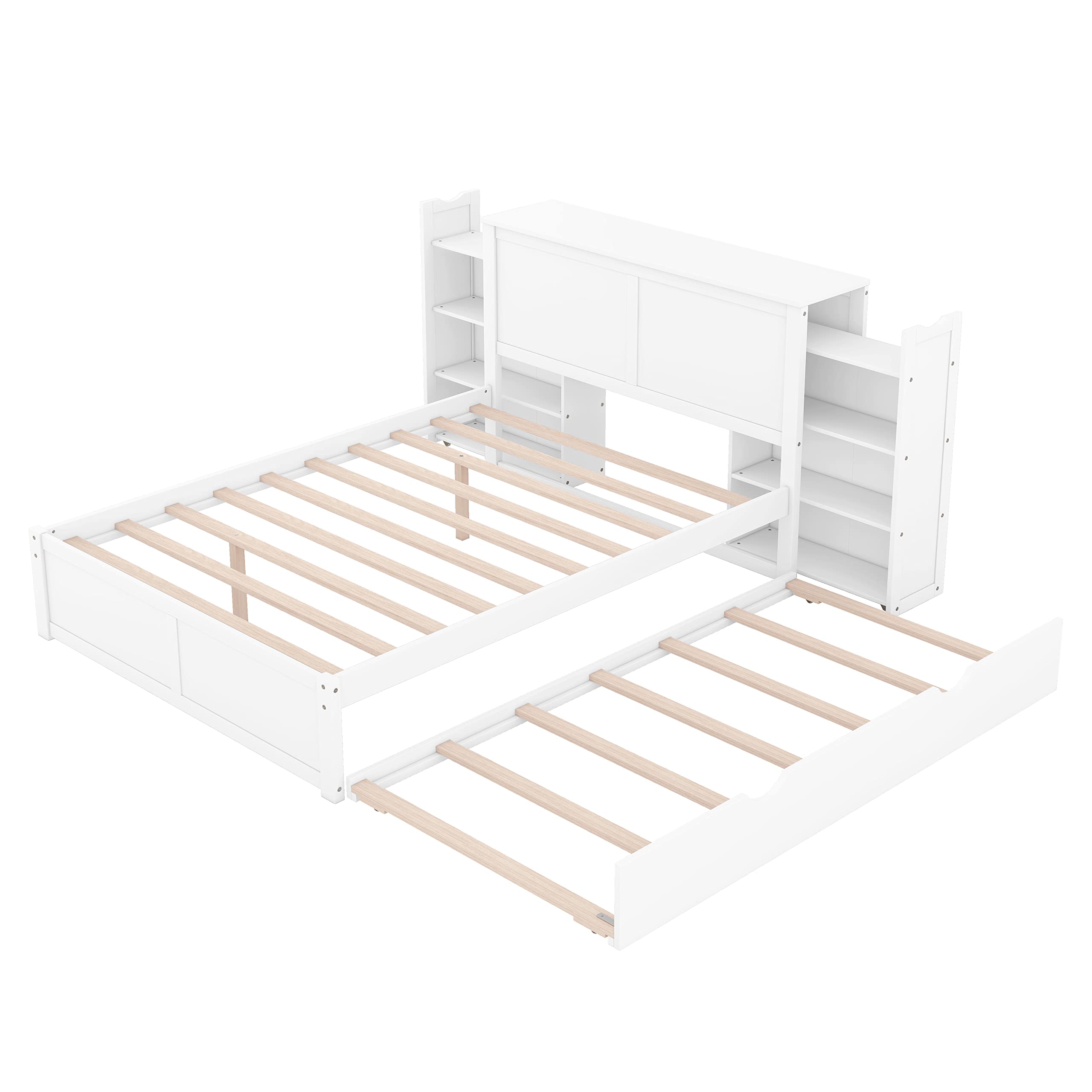 Lifeand Full Size Storage Platform Wooden Bed with Pull Out Shelves and Twin Size Trundle, White