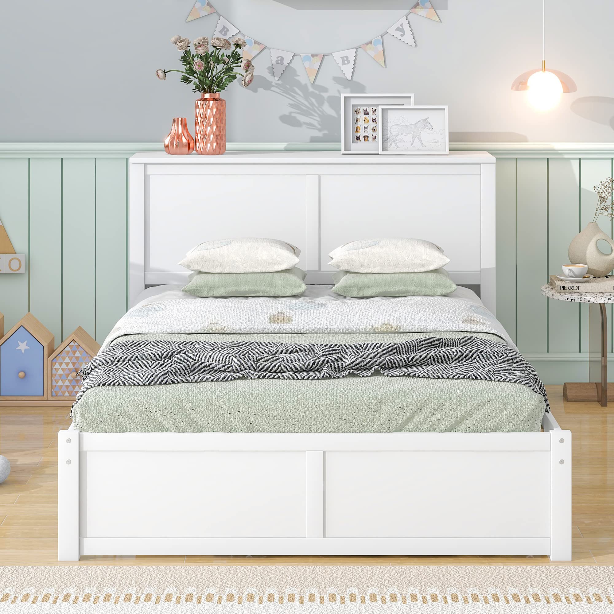 Lifeand Full Size Storage Platform Wooden Bed with Pull Out Shelves and Twin Size Trundle, White