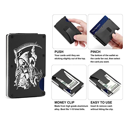Coukula Minimalist Wallet for Men - RFID Blocking Metal Wallet - Engraved Skull Poker - Aluminum Slim Money Clip - Front Pocket Credit Card Holder - Tactical Wallet for Business Travel
