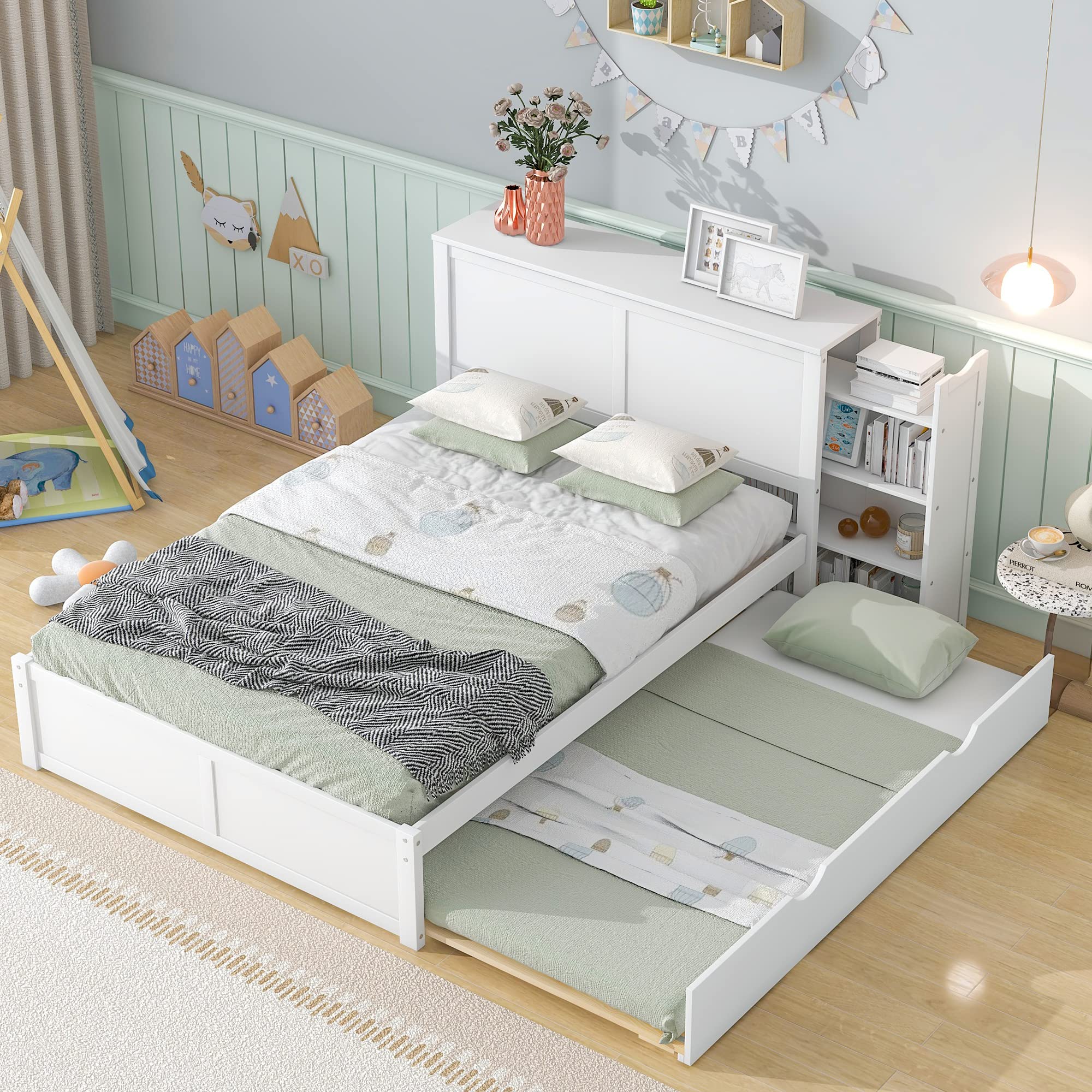 Lifeand Full Size Storage Platform Wooden Bed with Pull Out Shelves and Twin Size Trundle, White