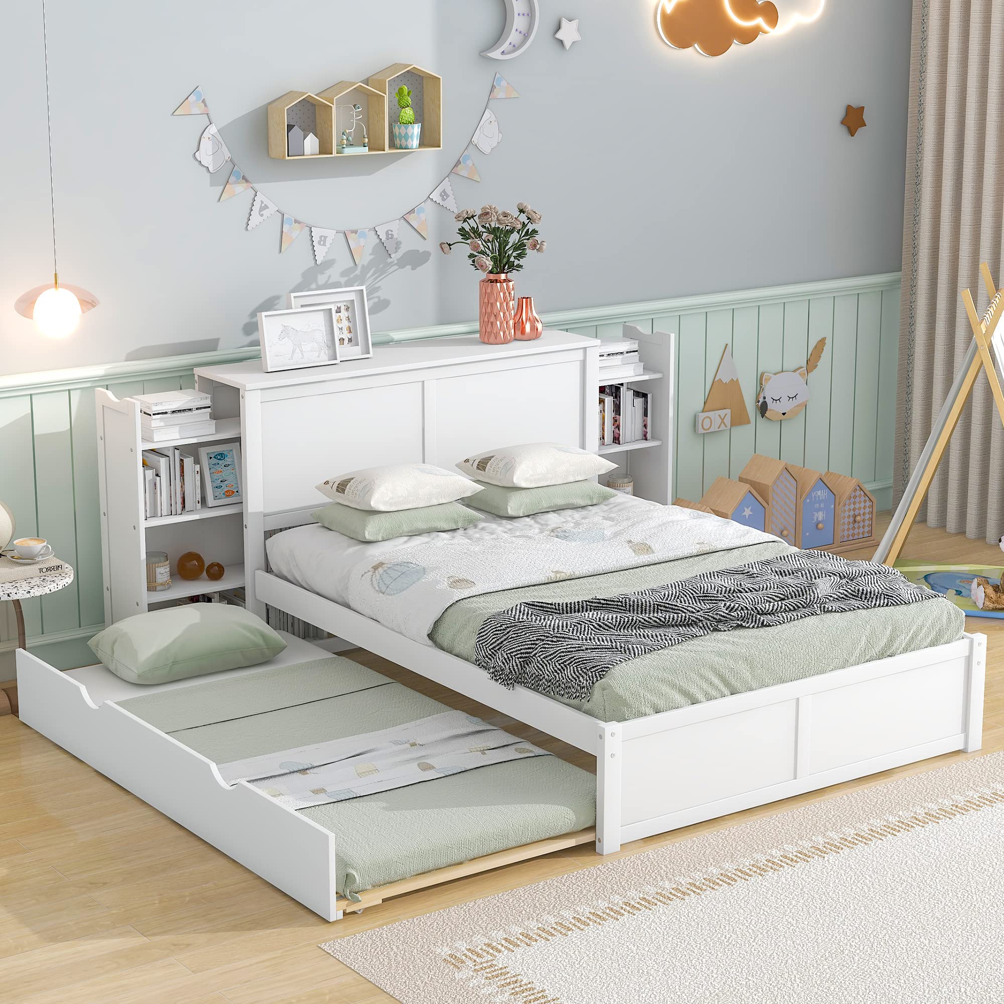 Lifeand Full Size Storage Platform Wooden Bed with Pull Out Shelves and Twin Size Trundle, White