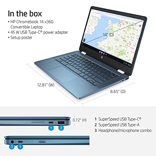 HP 2022 Newest X360 Chromebook Spin 2-in-1 Convertible Laptop Student Business, 14" HD Touchscreen, Dual Core Intel Celeron N4120 Processor, 4GB RAM, 64GB eMMC,Camera, Wi-Fi, Chrome OS+MarxsolCables