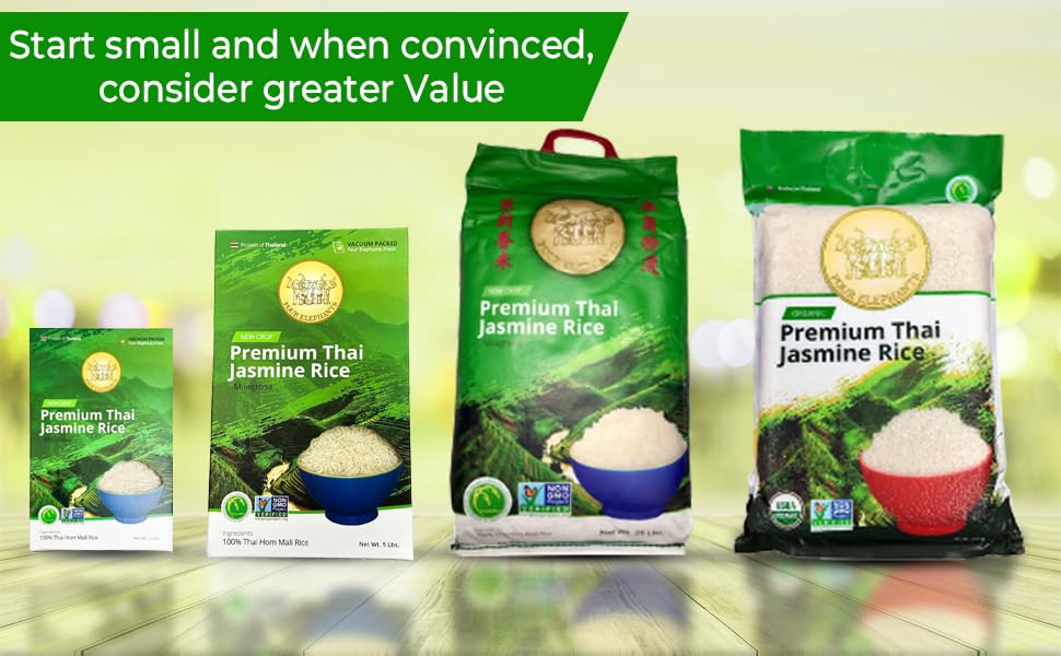 2 Pounds (LBS) Premium Thai Hom Mali Jasmine Rice | Endorsed By Pro Chefs | Four Elephants Brand | DIY Friendly Cooking Instructions Packaging
