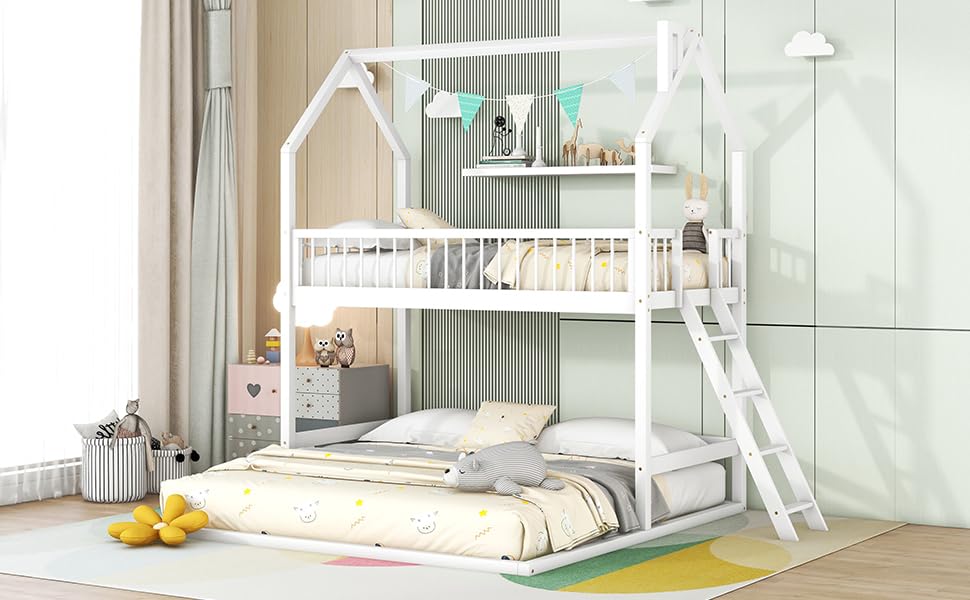 HABUHOME Twin Over Twin House Bunk Bed with Extending Trundle and Ladder, Wooden Bunk Bed Frame for Kids Teens Girls Boys - White