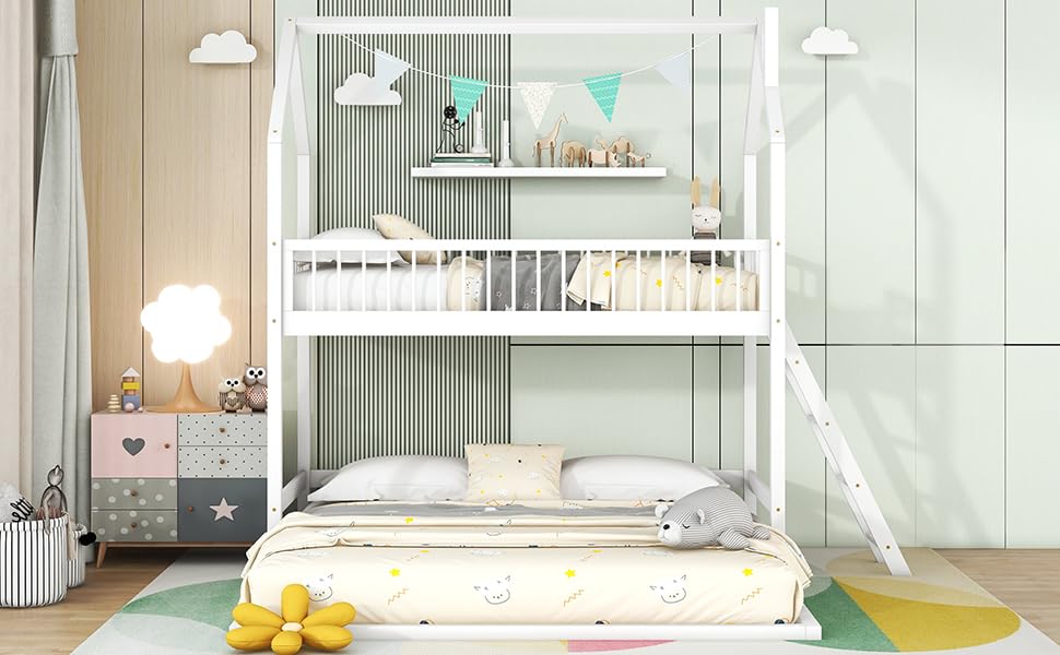 HABUHOME Twin Over Twin House Bunk Bed with Extending Trundle and Ladder, Wooden Bunk Bed Frame for Kids Teens Girls Boys - White