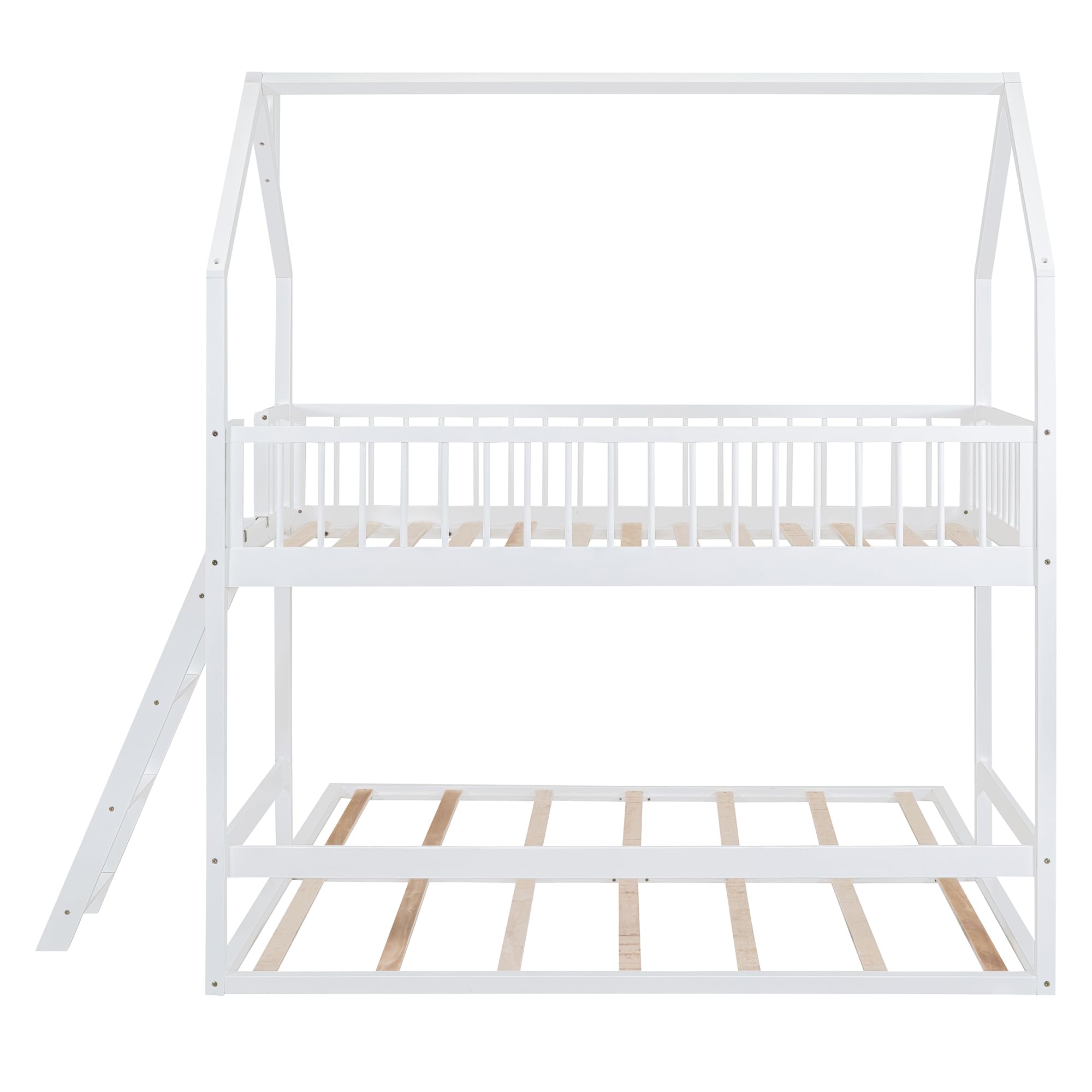 HABUHOME Twin Over Twin House Bunk Bed with Extending Trundle and Ladder, Wooden Bunk Bed Frame for Kids Teens Girls Boys - White