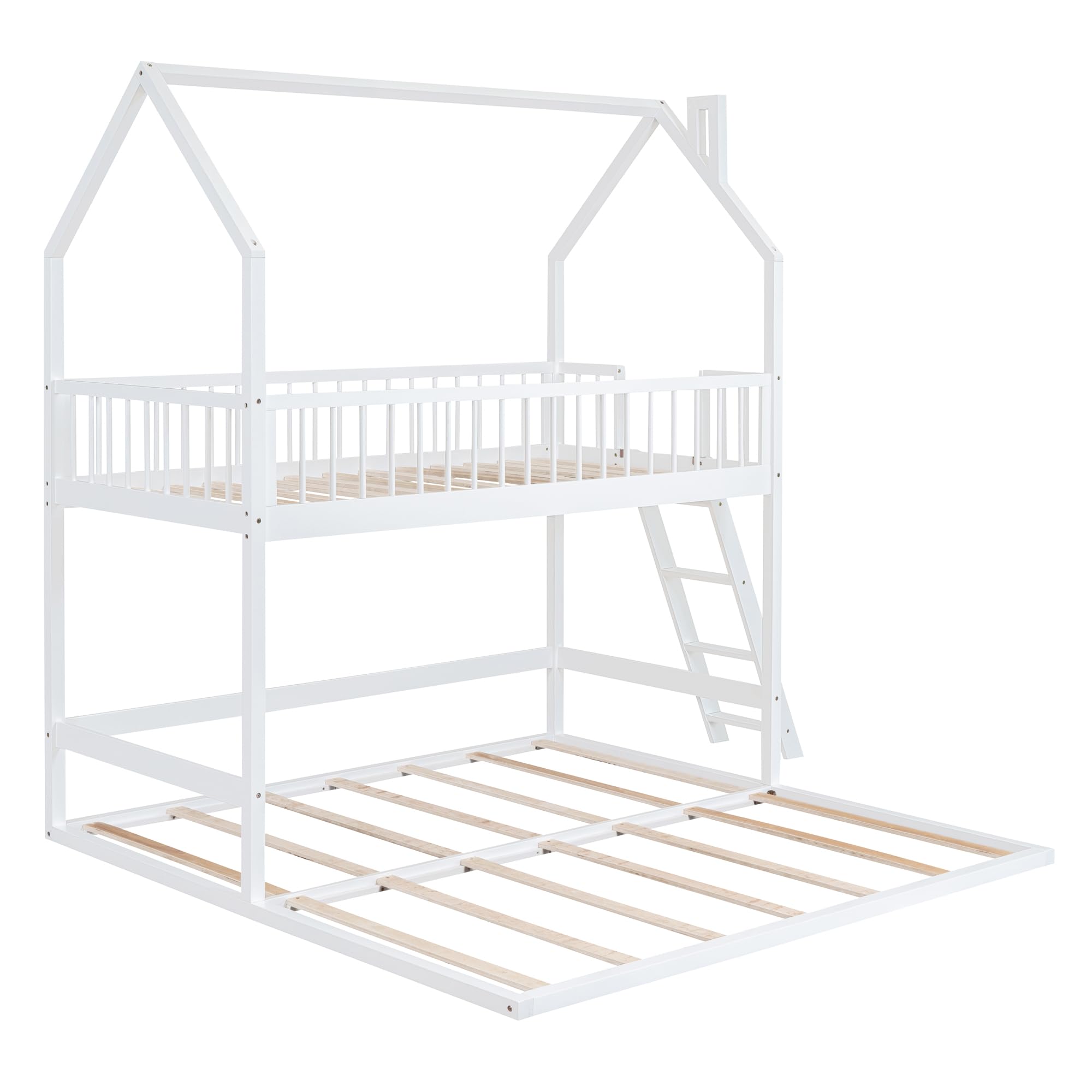 HABUHOME Twin Over Twin House Bunk Bed with Extending Trundle and Ladder, Wooden Bunk Bed Frame for Kids Teens Girls Boys - White