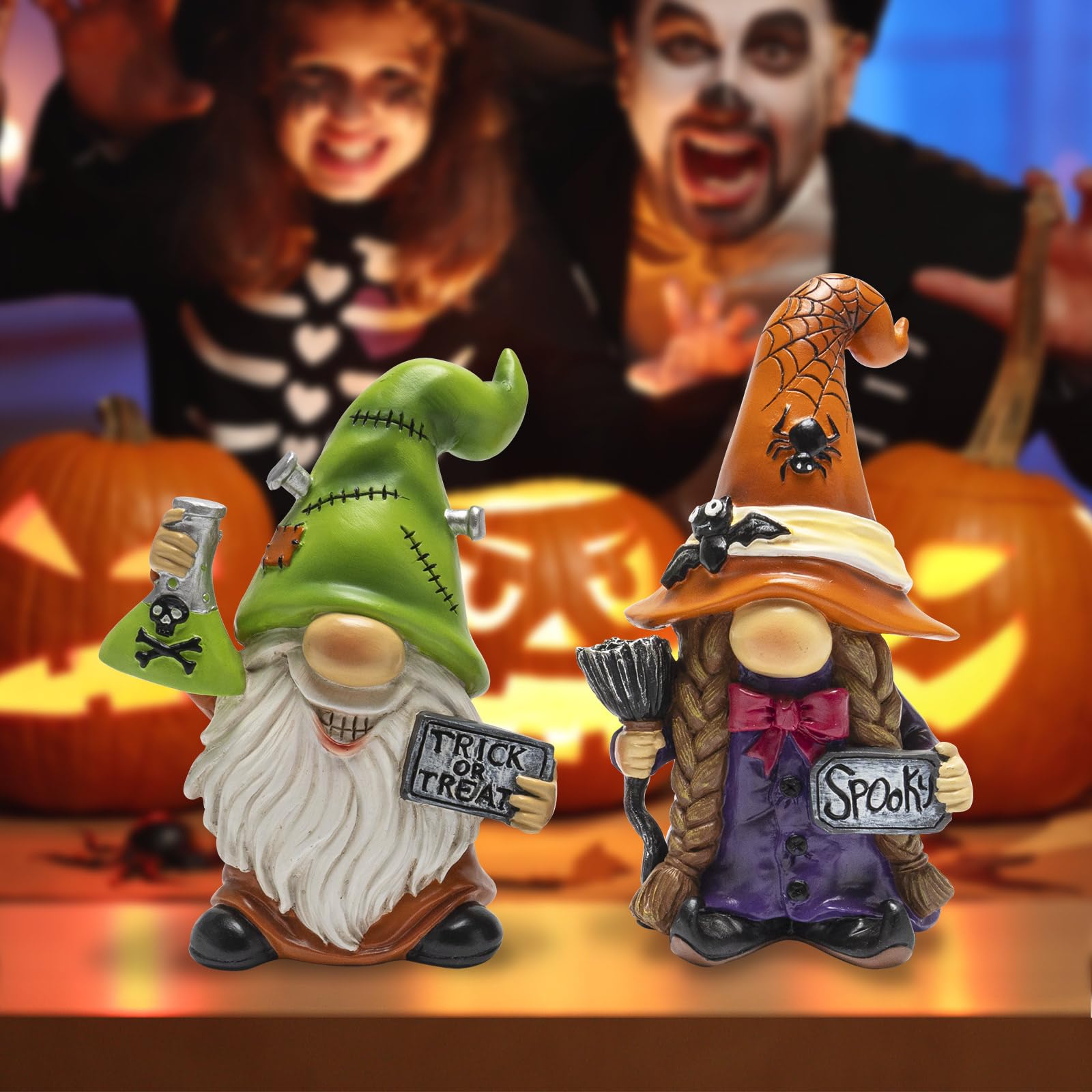 Geemuslly Halloween Gnomes Decorations Figurines Indoor Tiered Tray Table Top Centerpiece Mantle Office Desk Shelf Resin Witch Elf Decor Small Statues Home Ornaments Gift