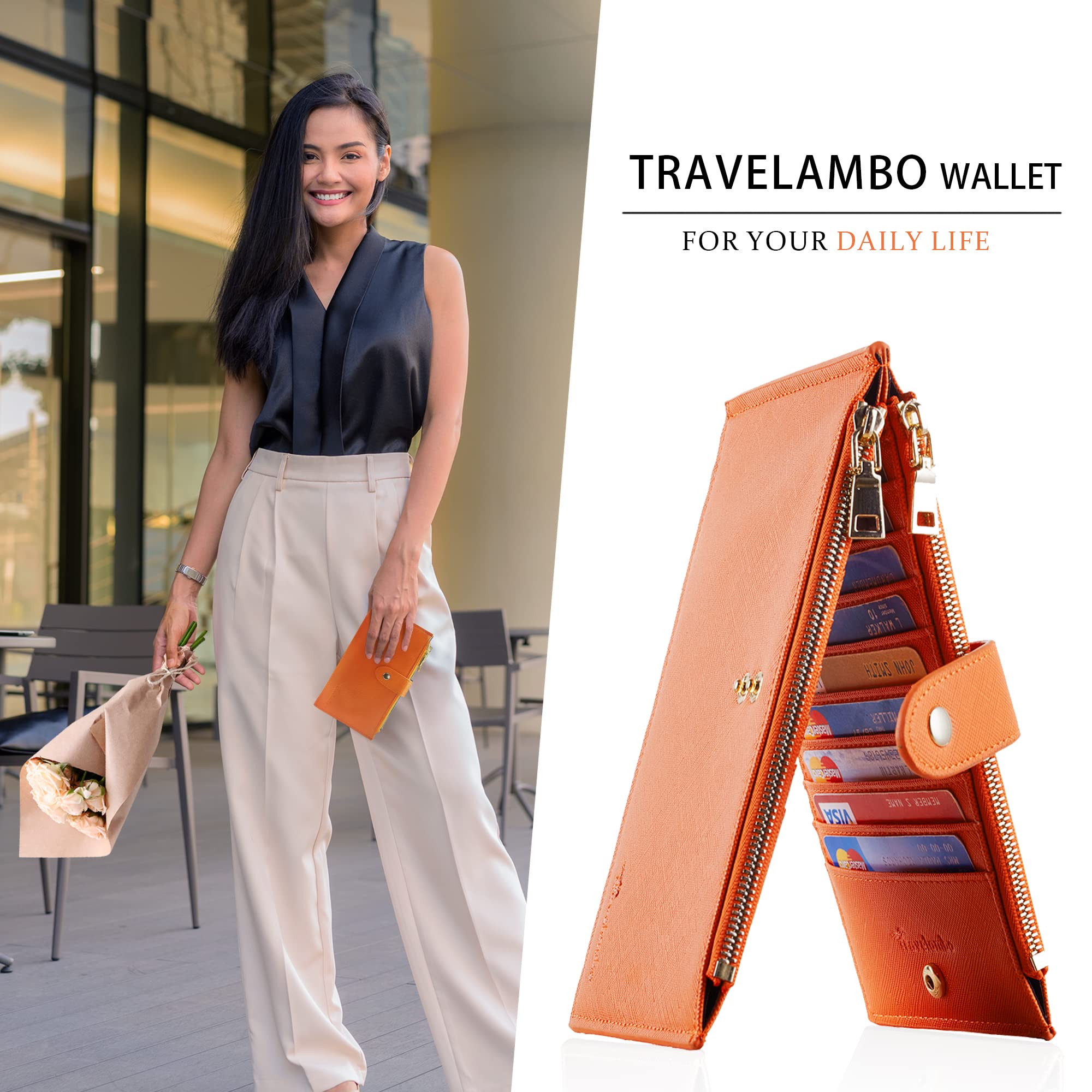 Travelambo RFID Wallet Women Large Size Bifold Multi Card Wallet Case with Zipper Pocke Credit Card Holder for Women