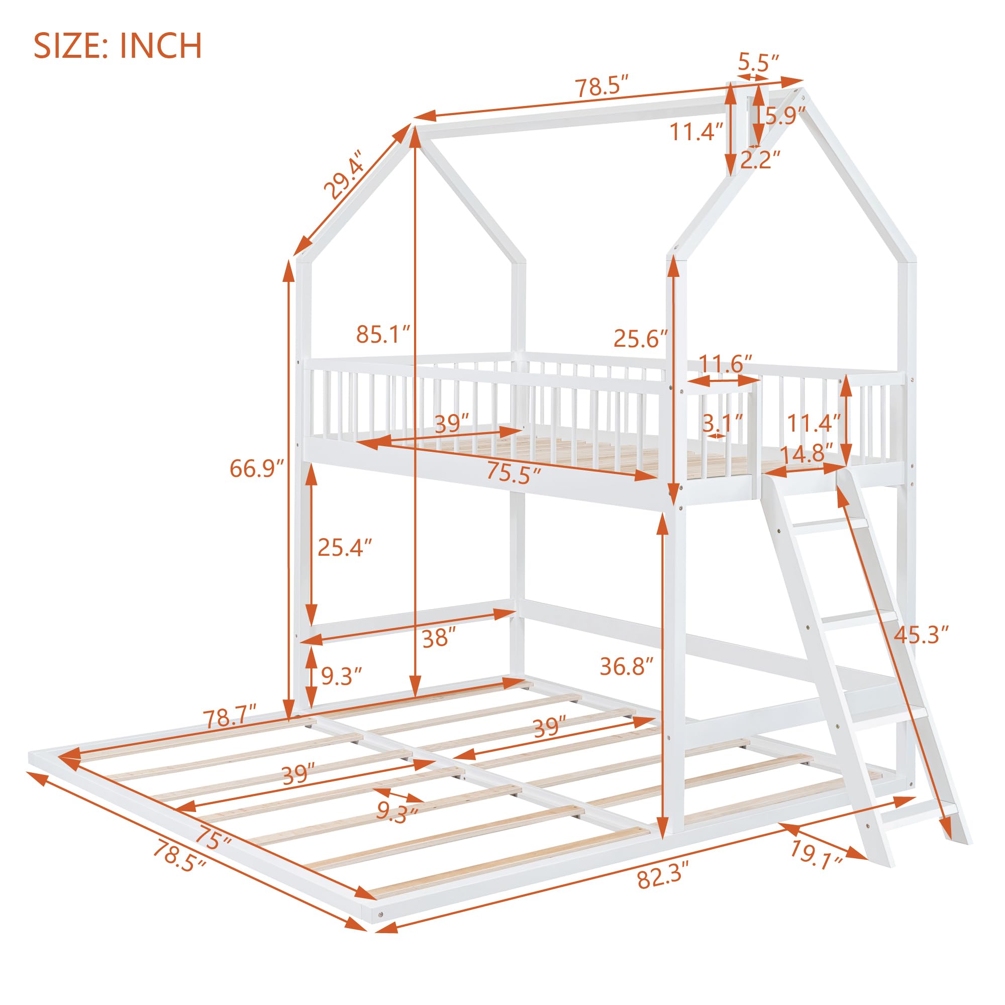 HABUHOME Twin Over Twin House Bunk Bed with Extending Trundle and Ladder, Wooden Bunk Bed Frame for Kids Teens Girls Boys - White