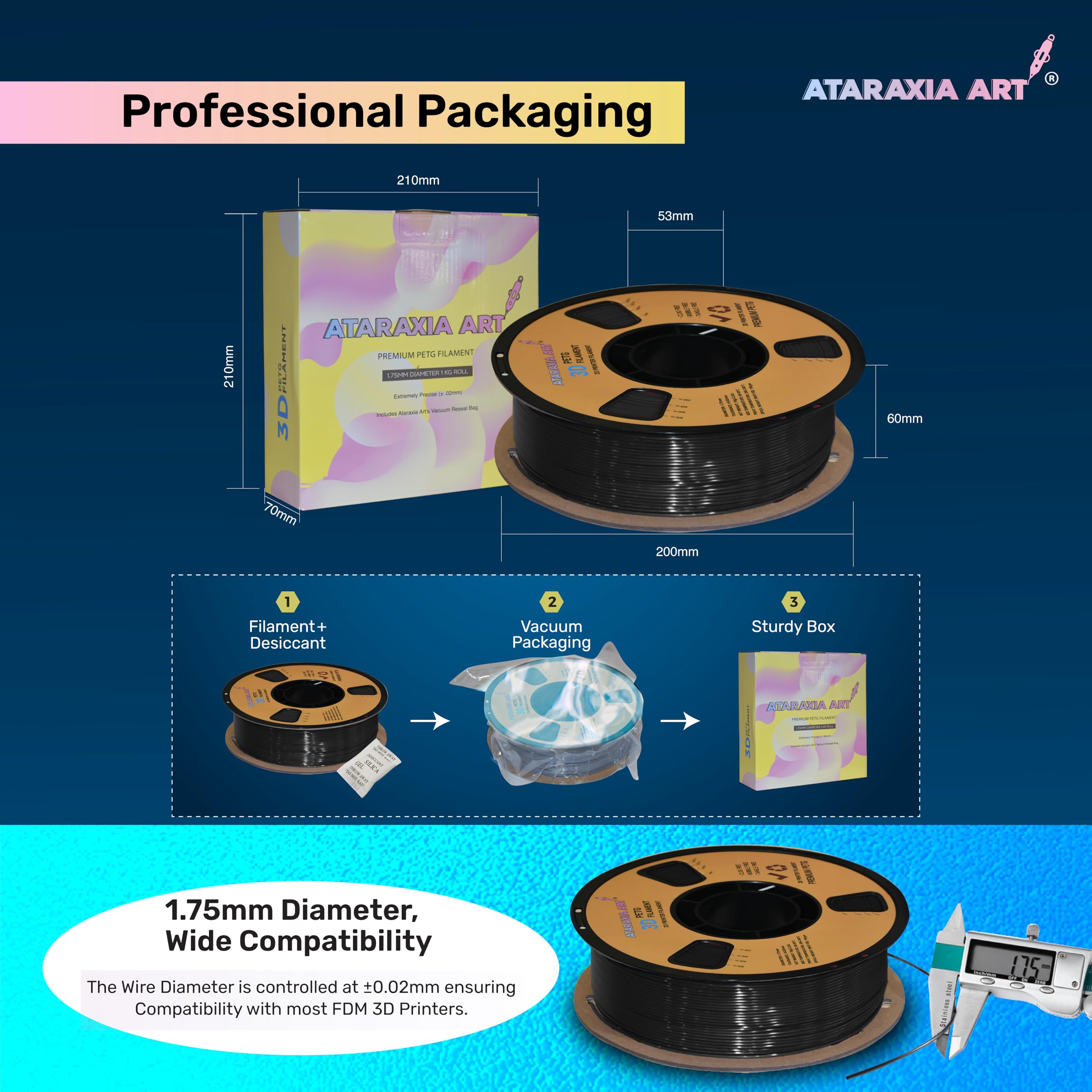 ATARAXIA ART PETG Filament 1.75mm, Black 3D Printer Filaments, 1Kg/2.2lb Tidy Winded Spools, Dimensional Accuracy +/-0.02mm, with Filament Storage Vacuum Bags, Fit FDM 3D Printers, PETG Black 1.75mm