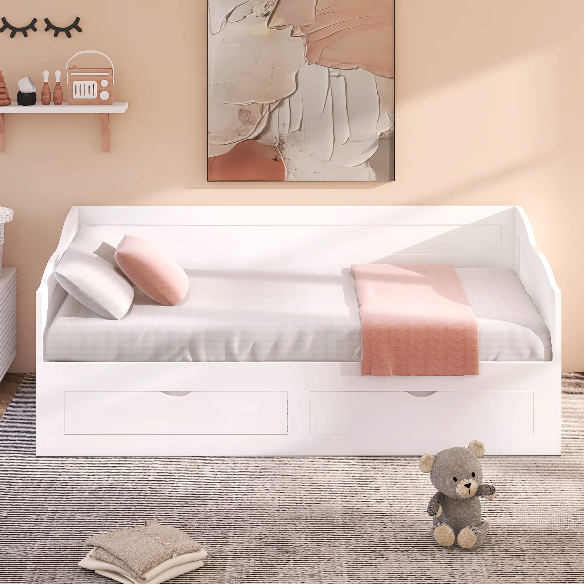 RUNWON Twin to King Size Wooden Daybed with Put-out Trundle Bed and Storage Drawers,Versatile and Expandable Bed Frame for Kids Adults