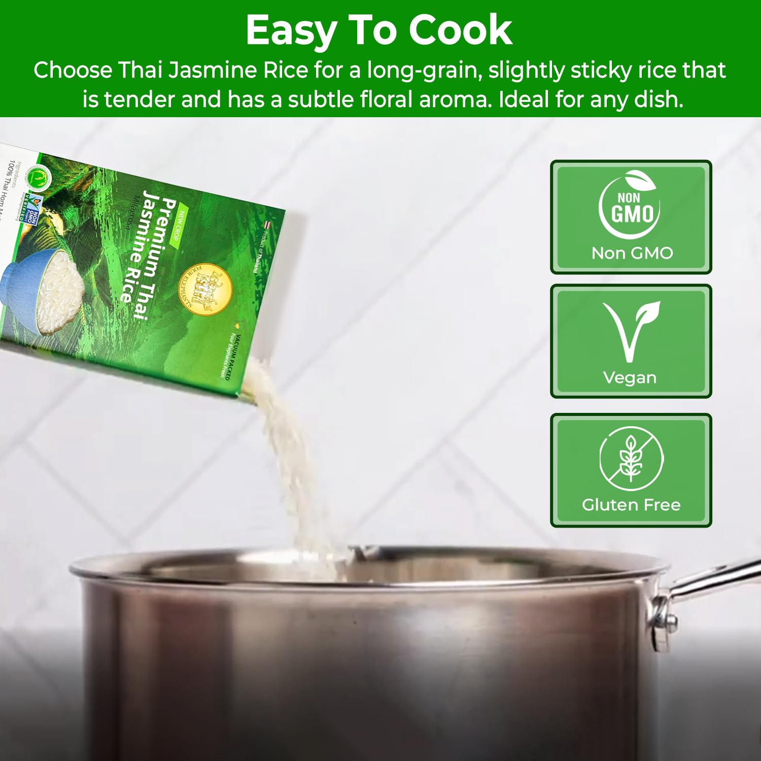 2 Pounds (LBS) Premium Thai Hom Mali Jasmine Rice | Endorsed By Pro Chefs | Four Elephants Brand | DIY Friendly Cooking Instructions Packaging