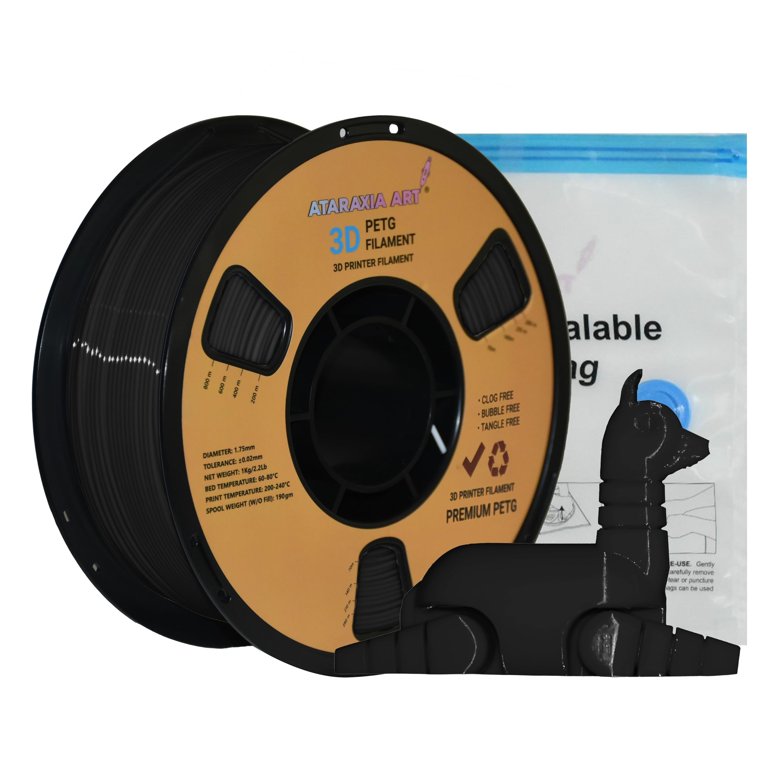 ATARAXIA ART PETG Filament 1.75mm, Black 3D Printer Filaments, 1Kg/2.2lb Tidy Winded Spools, Dimensional Accuracy +/-0.02mm, with Filament Storage Vacuum Bags, Fit FDM 3D Printers, PETG Black 1.75mm