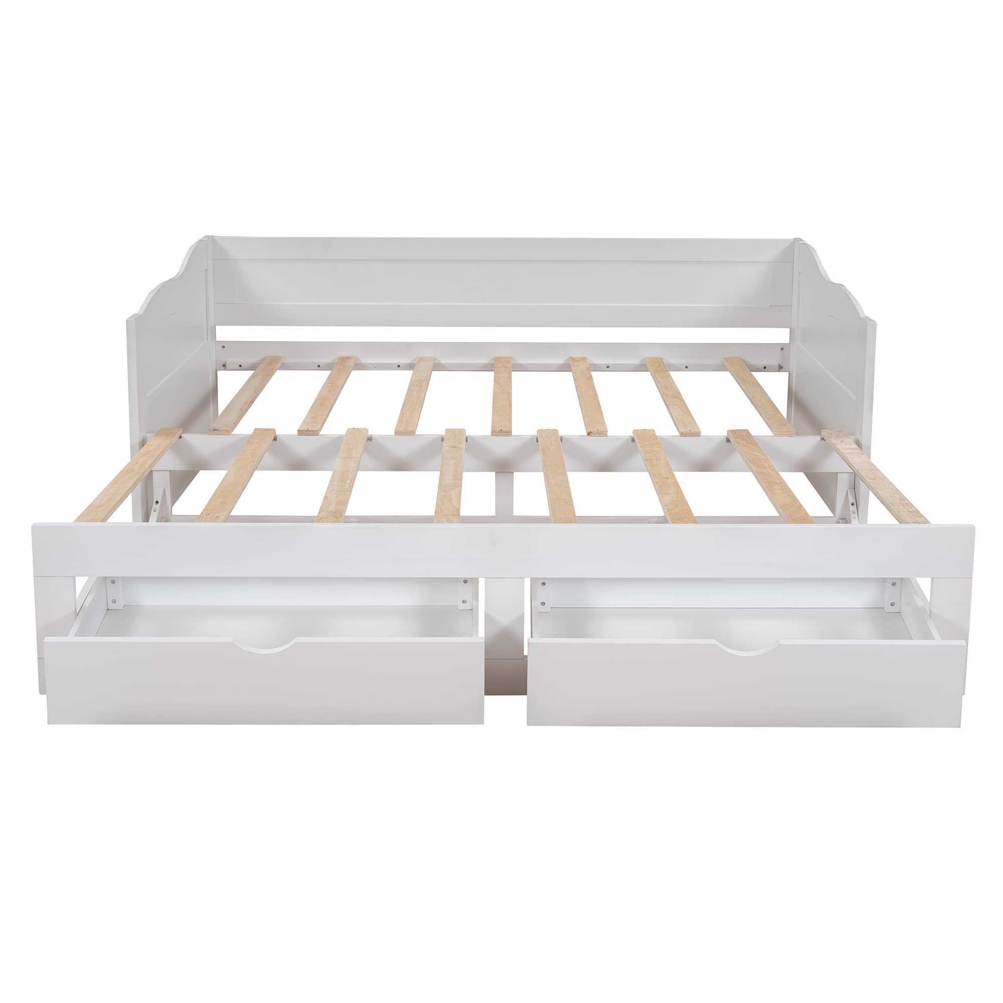 RUNWON Twin to King Size Wooden Daybed with Put-out Trundle Bed and Storage Drawers,Versatile and Expandable Bed Frame for Kids Adults