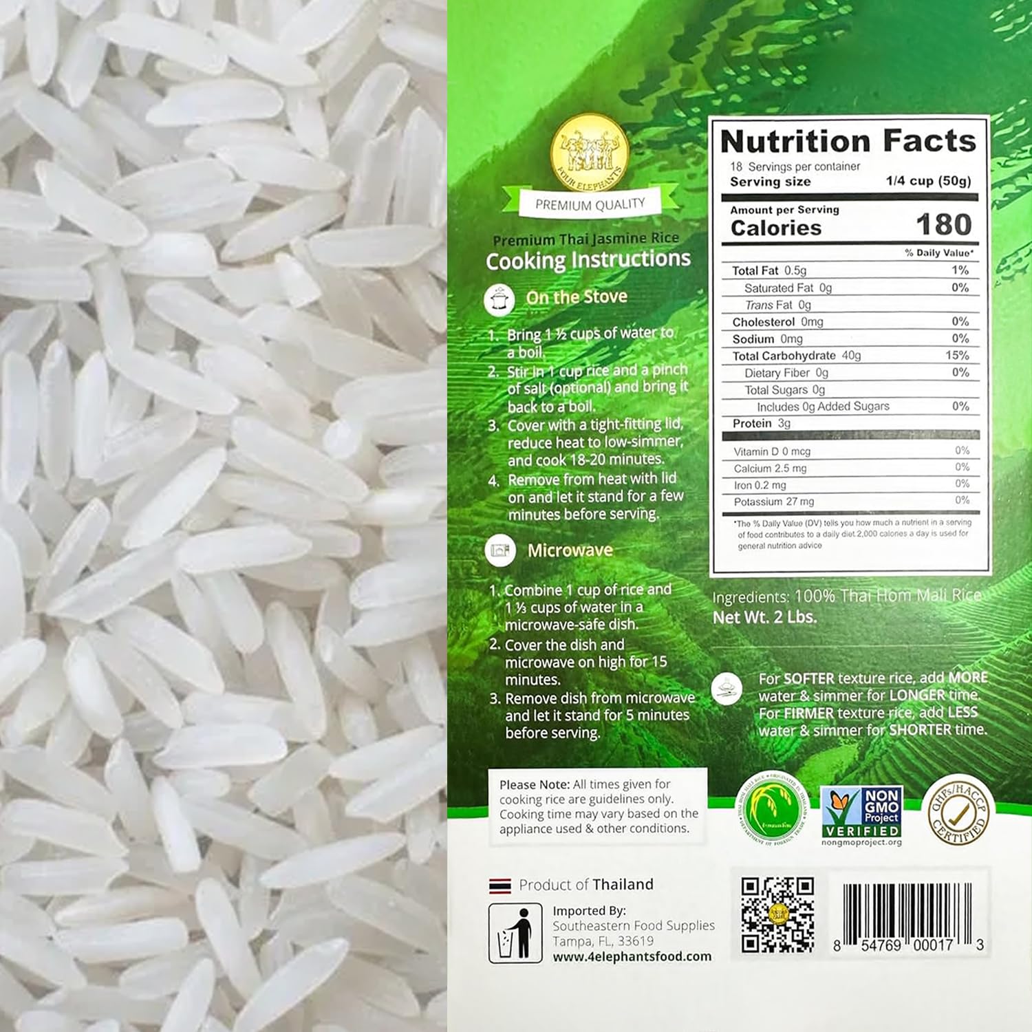 2 Pounds (LBS) Premium Thai Hom Mali Jasmine Rice | Endorsed By Pro Chefs | Four Elephants Brand | DIY Friendly Cooking Instructions Packaging