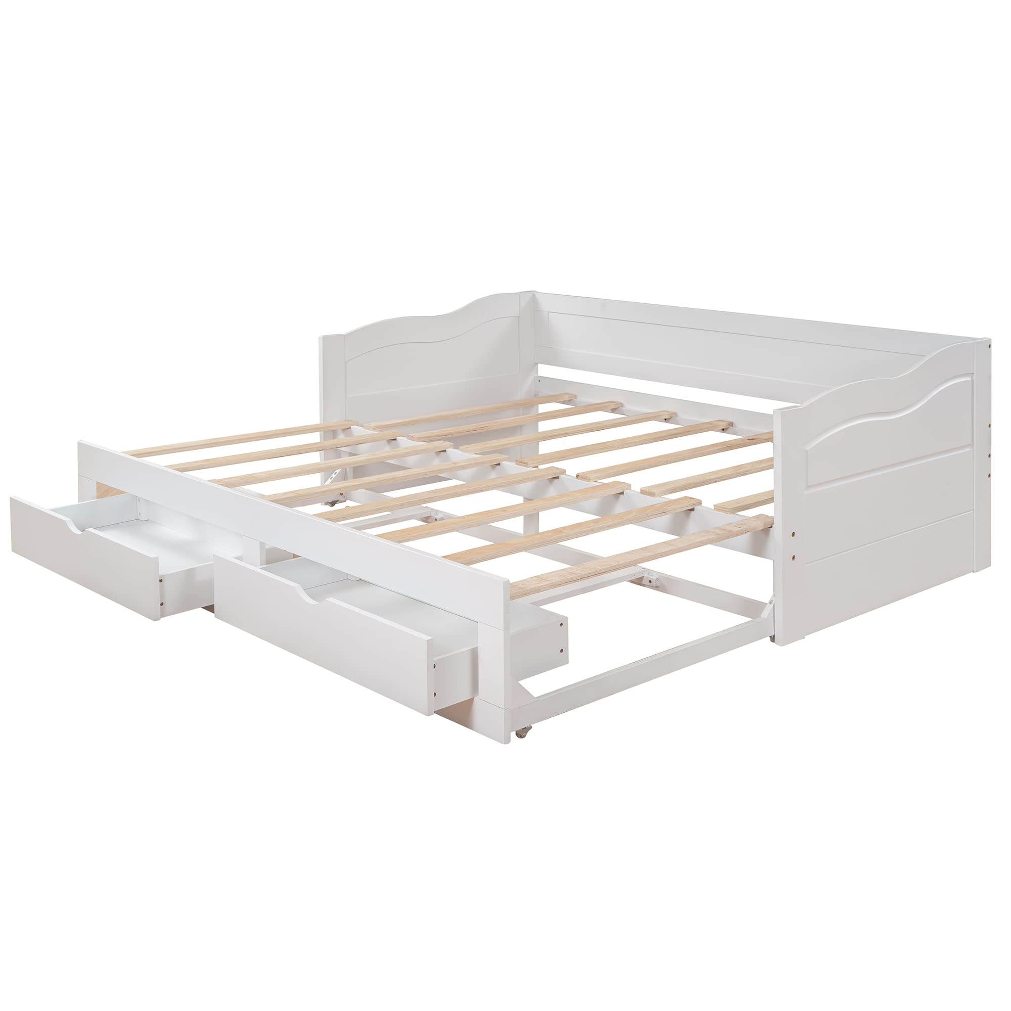 RUNWON Twin to King Size Wooden Daybed with Put-out Trundle Bed and Storage Drawers,Versatile and Expandable Bed Frame for Kids Adults