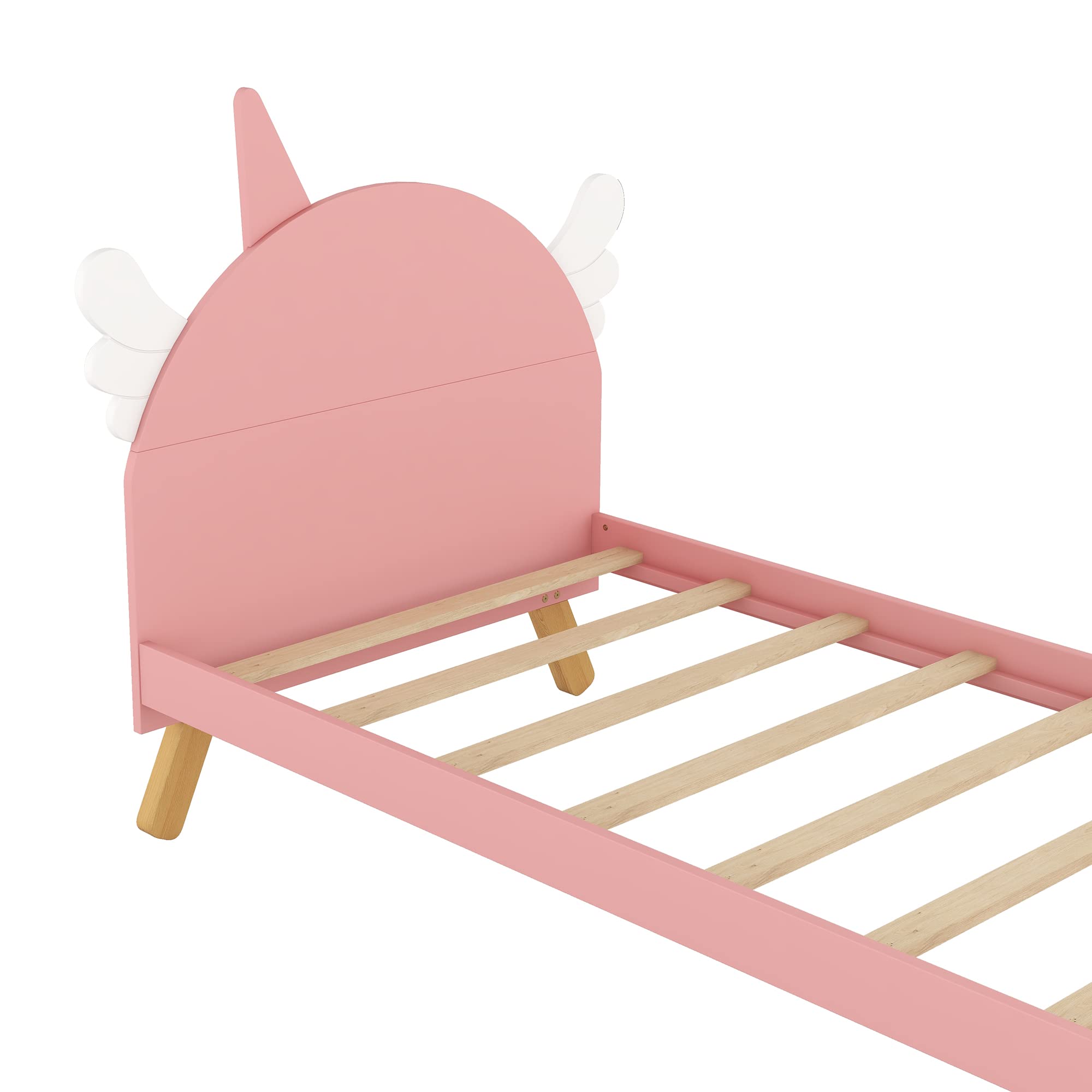 Lifeand Twin Size Bed with Shelf Behind Headboard,Wooden Cute Platform Bed with Curved Headboard,Pink