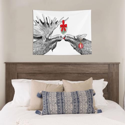 Mosytuky Moose Kissing Under Mistletoe Tapestry Wall Hanging Decor For Living Room Bedroom Dorm Classroom Office Decor 29x37 Inch