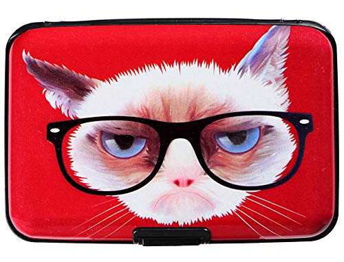 GULILASA Credit Card Holder Aluminum Wallet RFID Blocking Metal Slim Hard Case (Cat and Glasses)