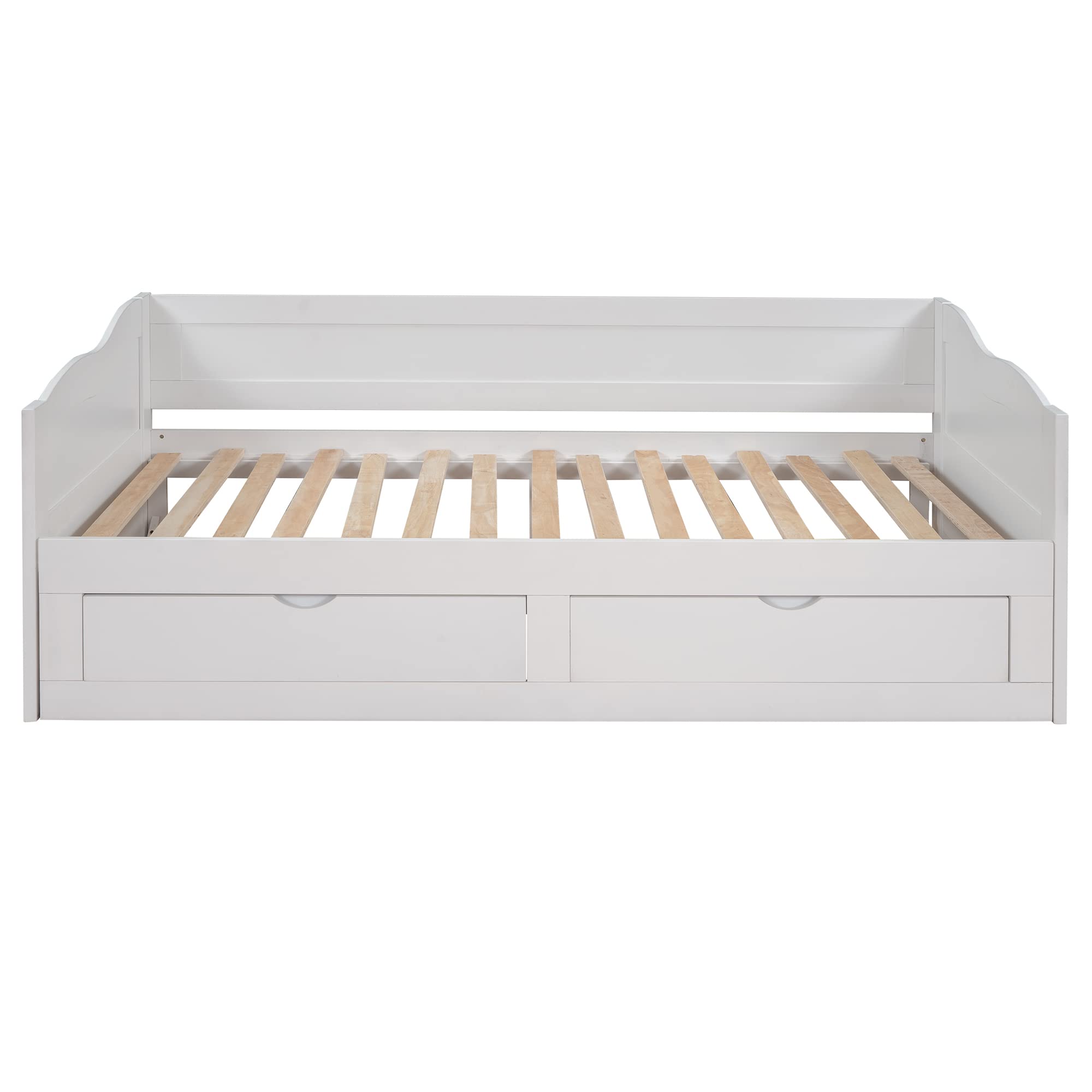 RUNWON Twin to King Size Wooden Daybed with Put-out Trundle Bed and Storage Drawers,Versatile and Expandable Bed Frame for Kids Adults