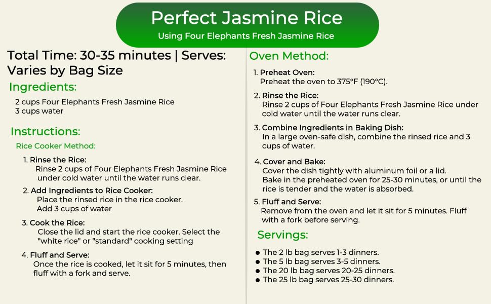 25 Pounds (LBS) Premium Thai Hom Mali Jasmine Rice | Endorsed By Pro Chefs | Four Elephants Brand | DIY Friendly Cooking Instructions Packaging