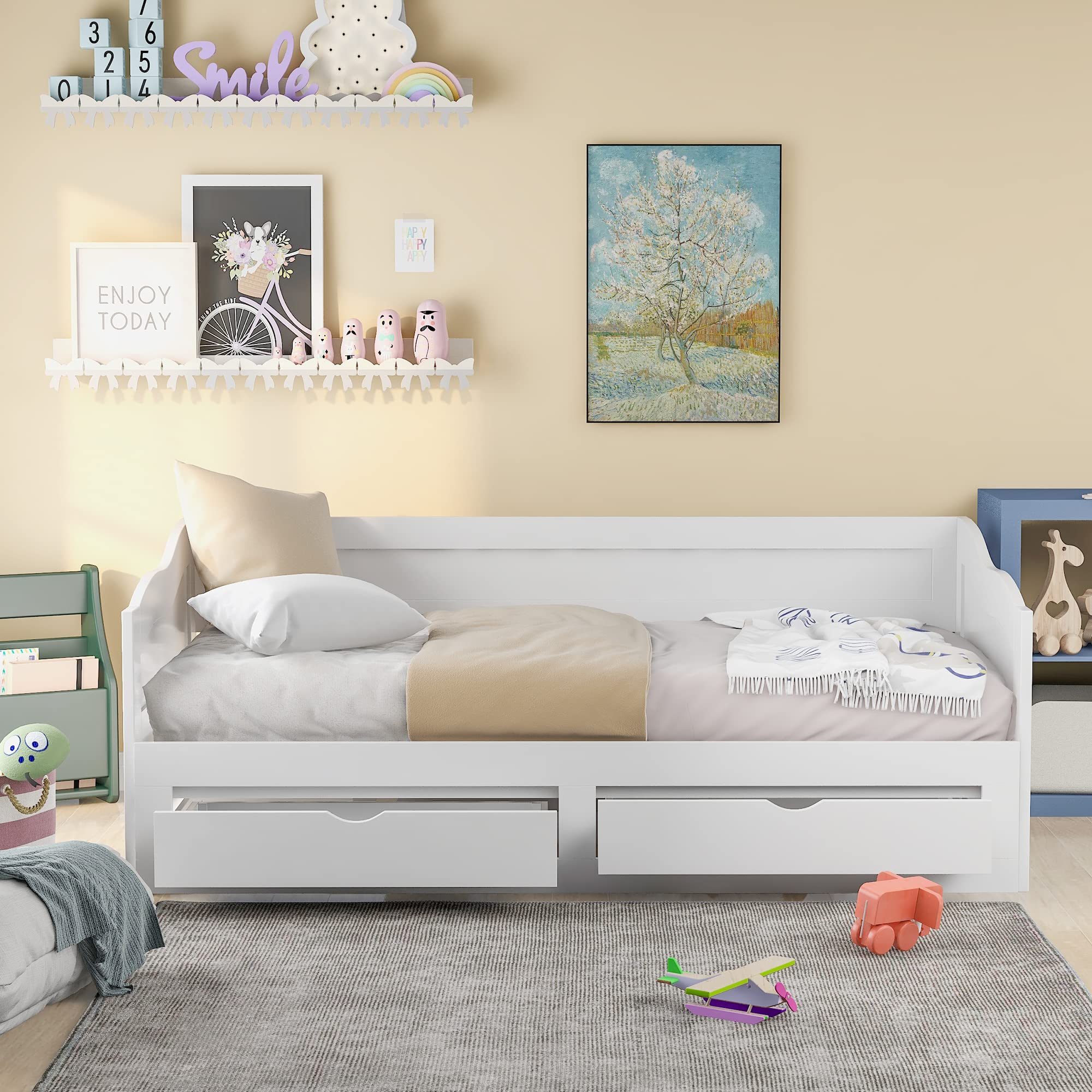 RUNWON Twin to King Size Wooden Daybed with Put-out Trundle Bed and Storage Drawers,Versatile and Expandable Bed Frame for Kids Adults
