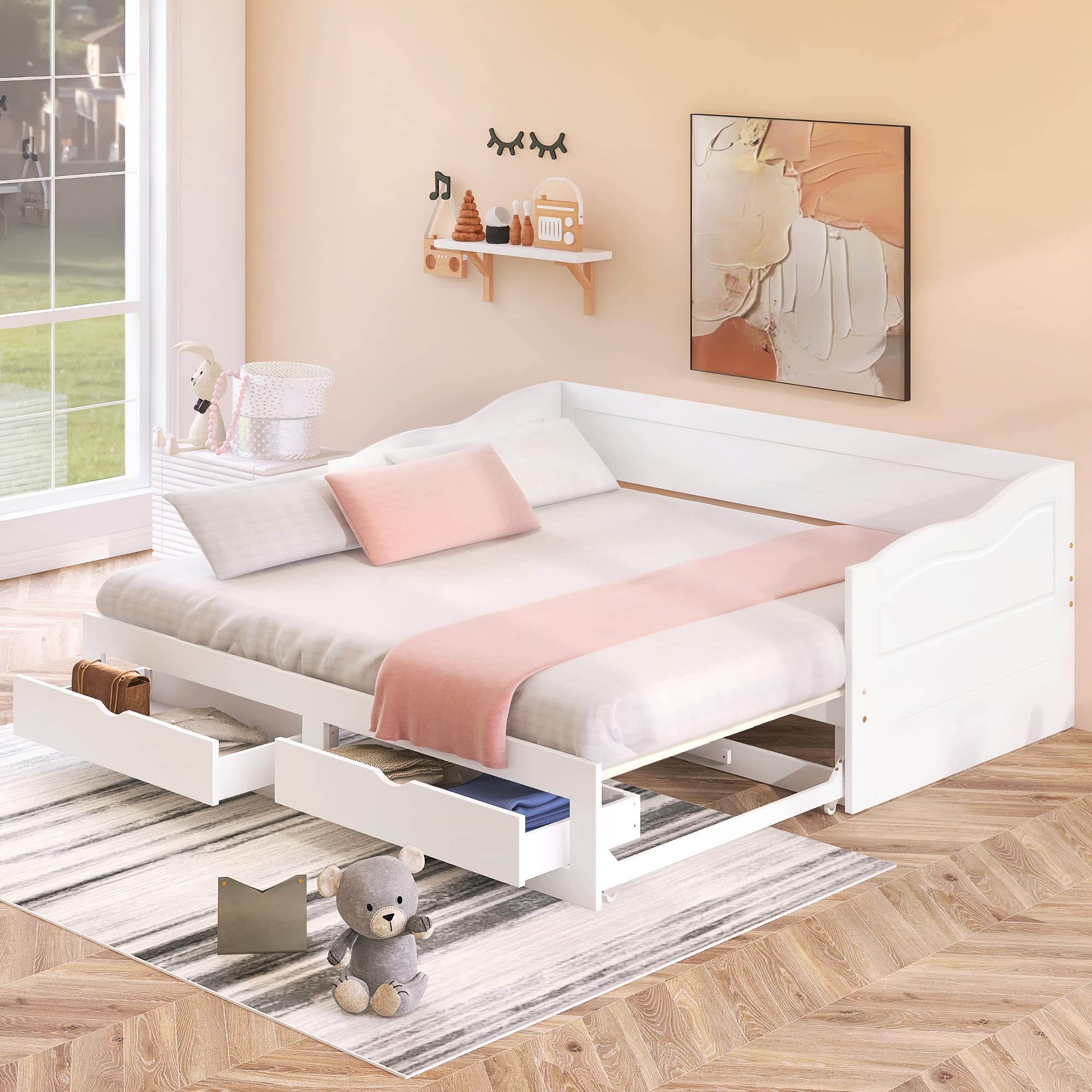 RUNWON Twin to King Size Wooden Daybed with Put-out Trundle Bed and Storage Drawers,Versatile and Expandable Bed Frame for Kids Adults