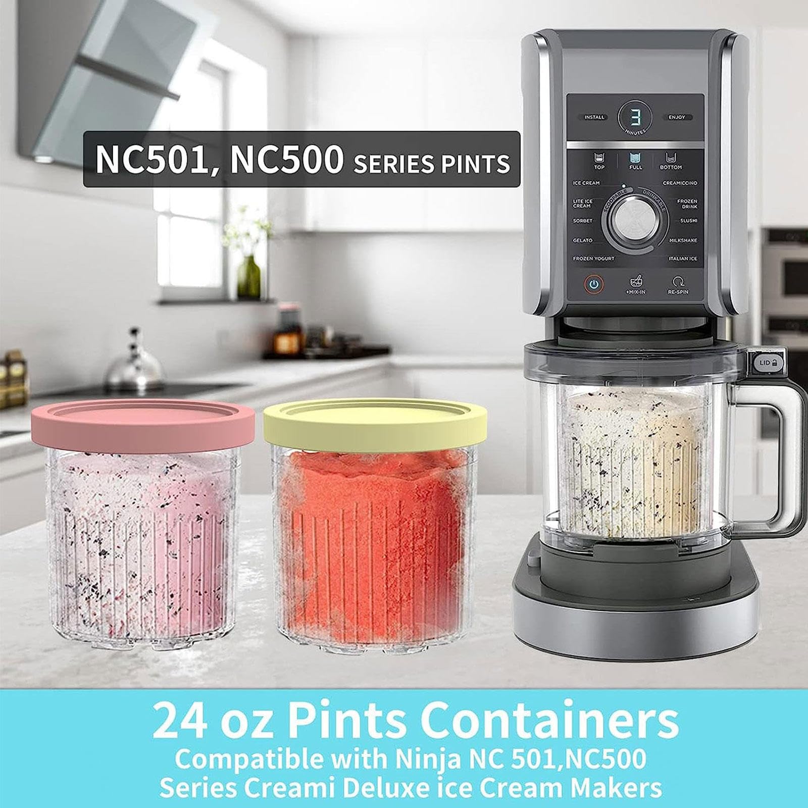 VRINO Creami Containers, for Ninja Creami Deluxe,24 OZ Creami Containers Airtight and Leaf-Proof Compatible NC500,NC501 Series Ice Cream Maker