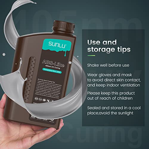 SUNLU 3D Printer Resin, 1000g ABS-Like High Toughness Resin for 4k/6k/8k LCD/DLP/SLA Resin 3D Printer, 405nm UV Curing 3D Printing Resin, Good Resistance, Non-Brittle & High Precision, Grey 1000g