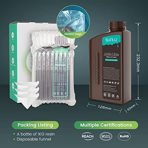 SUNLU 3D Printer Resin, 1000g ABS-Like High Toughness Resin for 4k/6k/8k LCD/DLP/SLA Resin 3D Printer, 405nm UV Curing 3D Printing Resin, Good Resistance, Non-Brittle & High Precision, Grey 1000g
