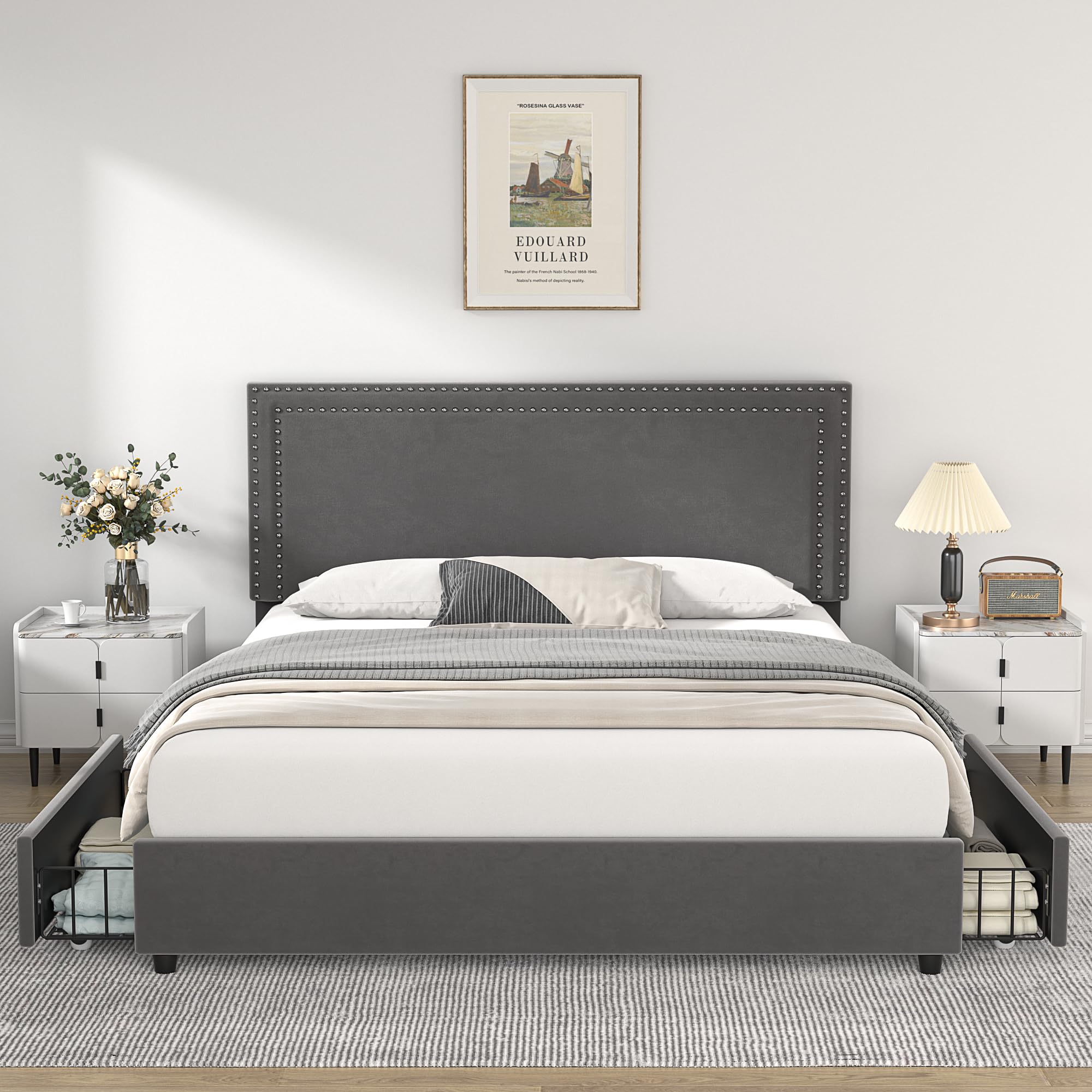 VECELO Queen Size Upholstered Platform Bed Frame with 4 Storage Drawers, Adjustable Velvet Rivets Headboard, Wooden Slats Support, No Box Spring Needed, Easy Assembly