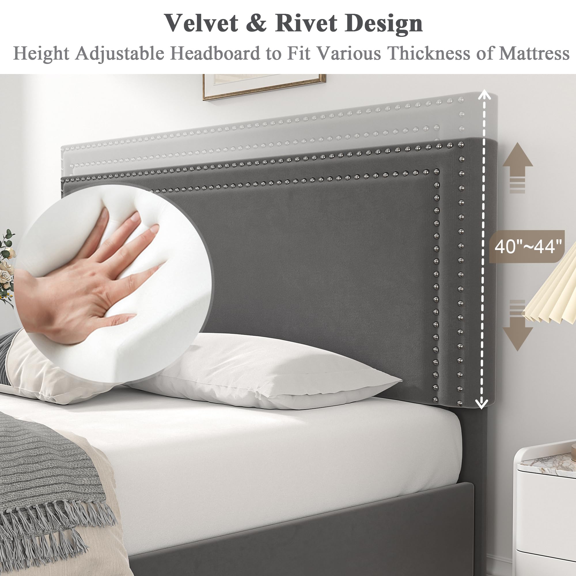 VECELO Queen Size Upholstered Platform Bed Frame with 4 Storage Drawers, Adjustable Velvet Rivets Headboard, Wooden Slats Support, No Box Spring Needed, Easy Assembly