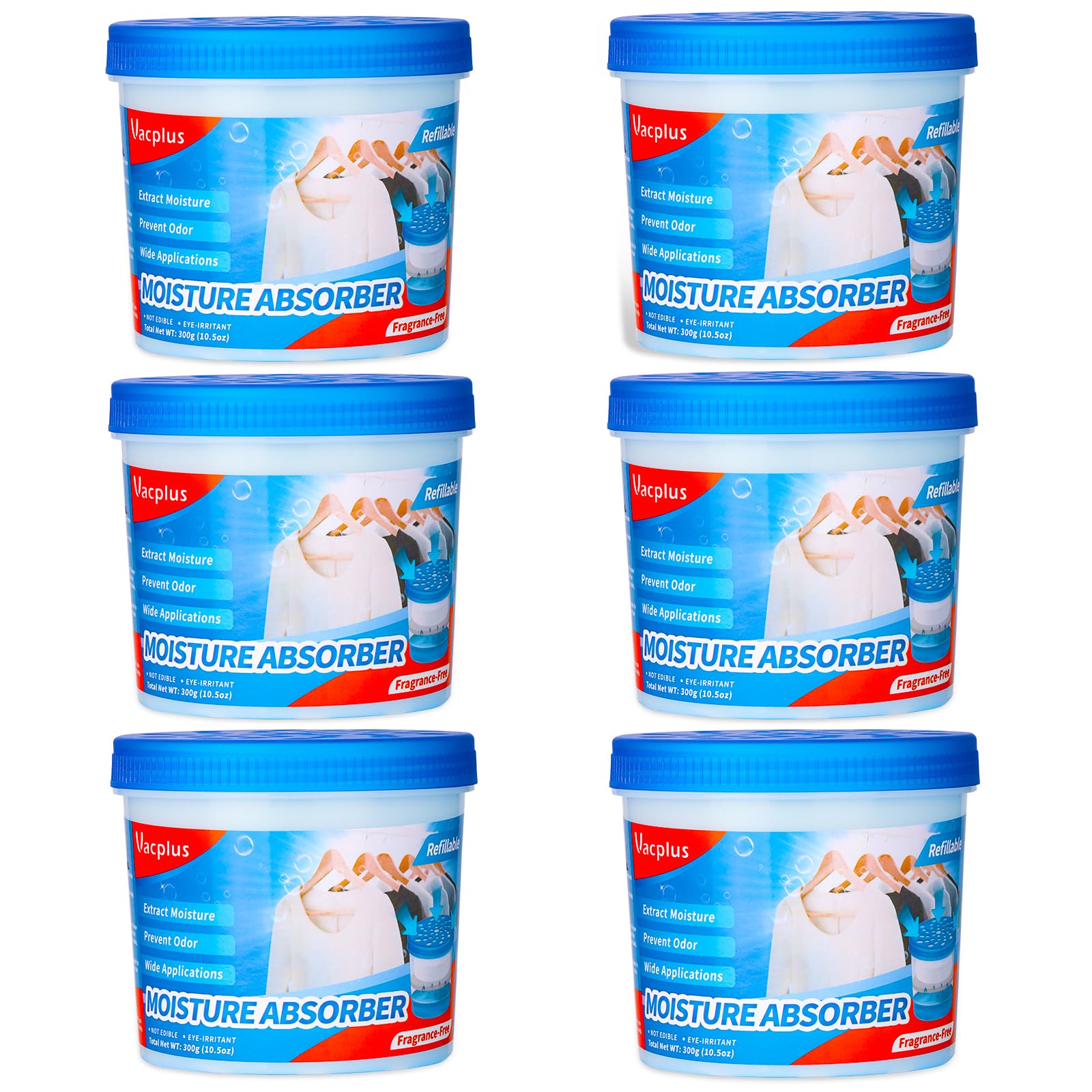 Vacplus Moisture Absorbers Dehumidifier Bucket -Unscented for Closet, Highly Absorbent for basements, bathrooms, boats, RVs, 10.5 OZ Replaceable, 6 PACK