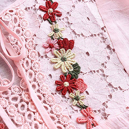Aniywn Women Round Neck Lace Up Lace Patchwork Flare Pullover Top Casual Plus Size 3/4 Sleeve Floral Printed T-Shirt Pink