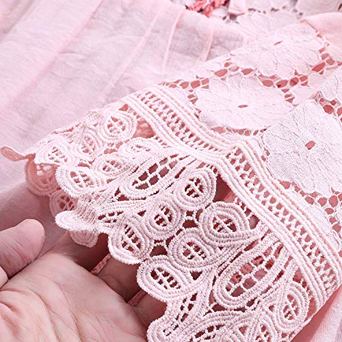 Aniywn Women Round Neck Lace Up Lace Patchwork Flare Pullover Top Casual Plus Size 3/4 Sleeve Floral Printed T-Shirt Pink