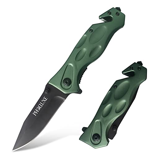 PHOELUXE Pocket Folding Knife –EDC Knife,Tactical Knife,Hunting Knife.Green Aluminum Handle 3Cr13Mov Blade.Thumb stud Assisted Opening Knifes with Liner Lock,Rope Cutter,Glass Breaker and Pocketclip.Good for Camping,Hiking,Indoor and Outdoor.