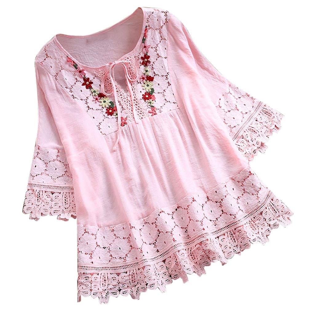 Aniywn Women Round Neck Lace Up Lace Patchwork Flare Pullover Top Casual Plus Size 3/4 Sleeve Floral Printed T-Shirt Pink