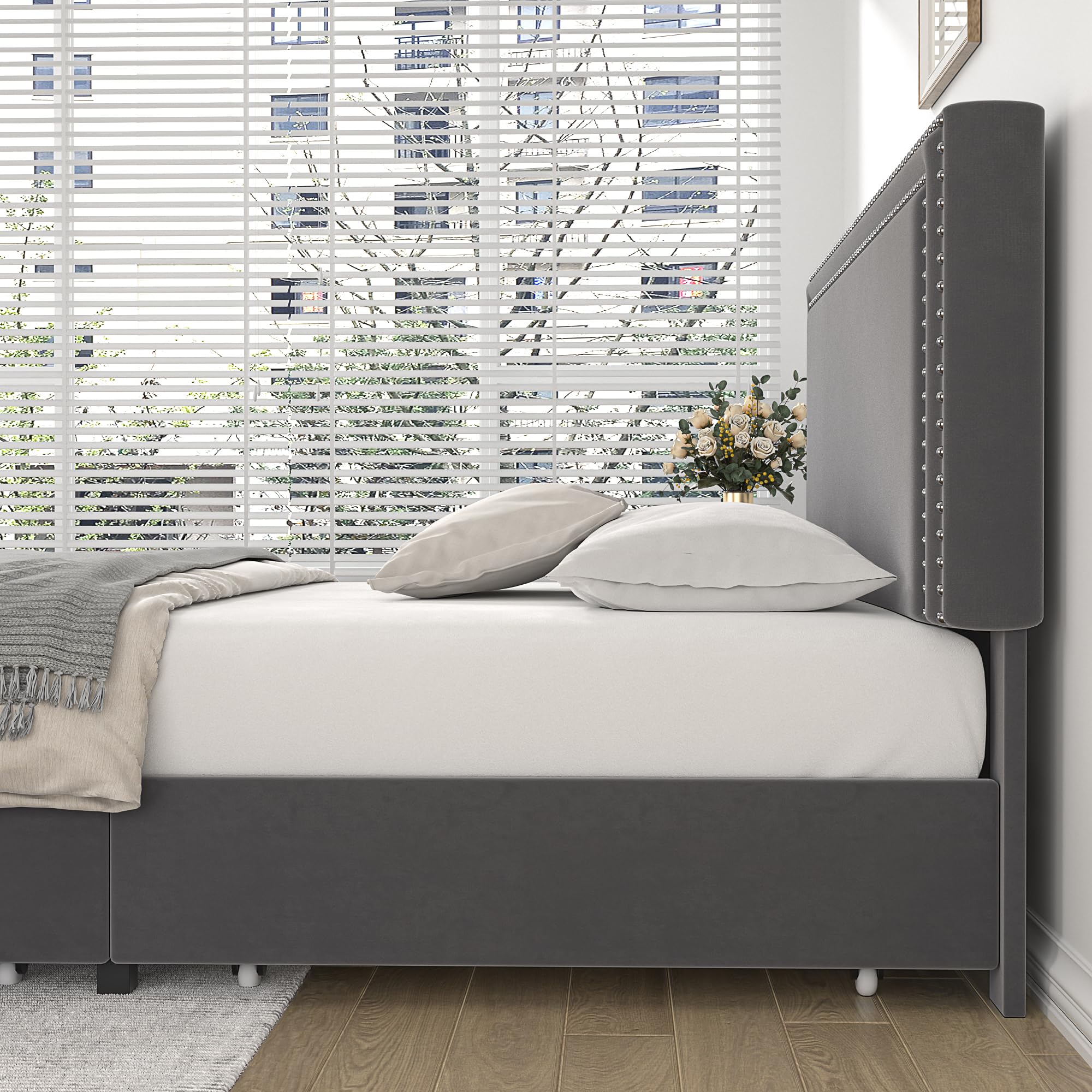 VECELO Queen Size Upholstered Platform Bed Frame with 4 Storage Drawers, Adjustable Velvet Rivets Headboard, Wooden Slats Support, No Box Spring Needed, Easy Assembly