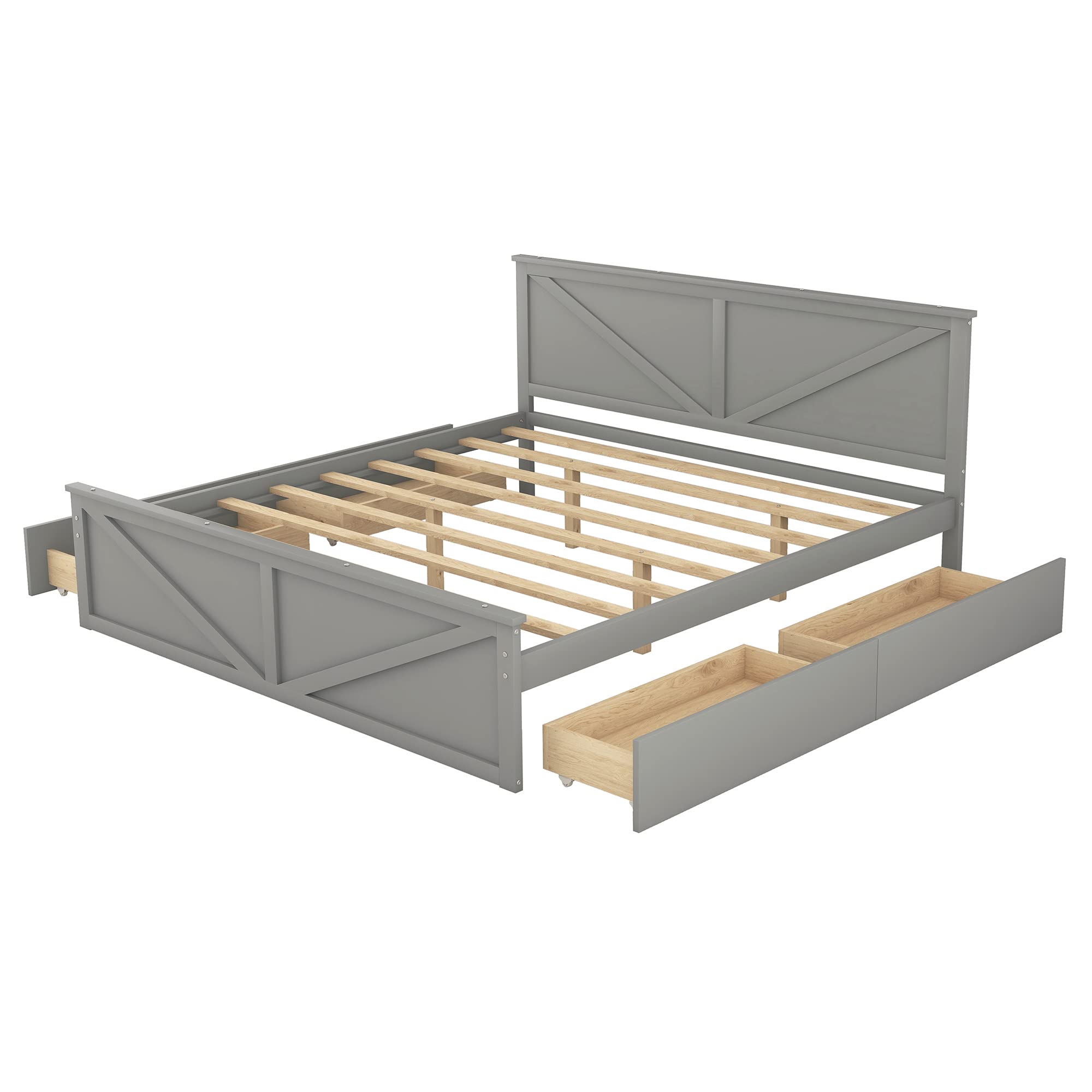 BIADNBZ King Size Wooden Platform Bed Frame with Headboard,Four Storage Drawers and Support Legs for Bedroom Guest Room,No Box Spring Needed,Gray