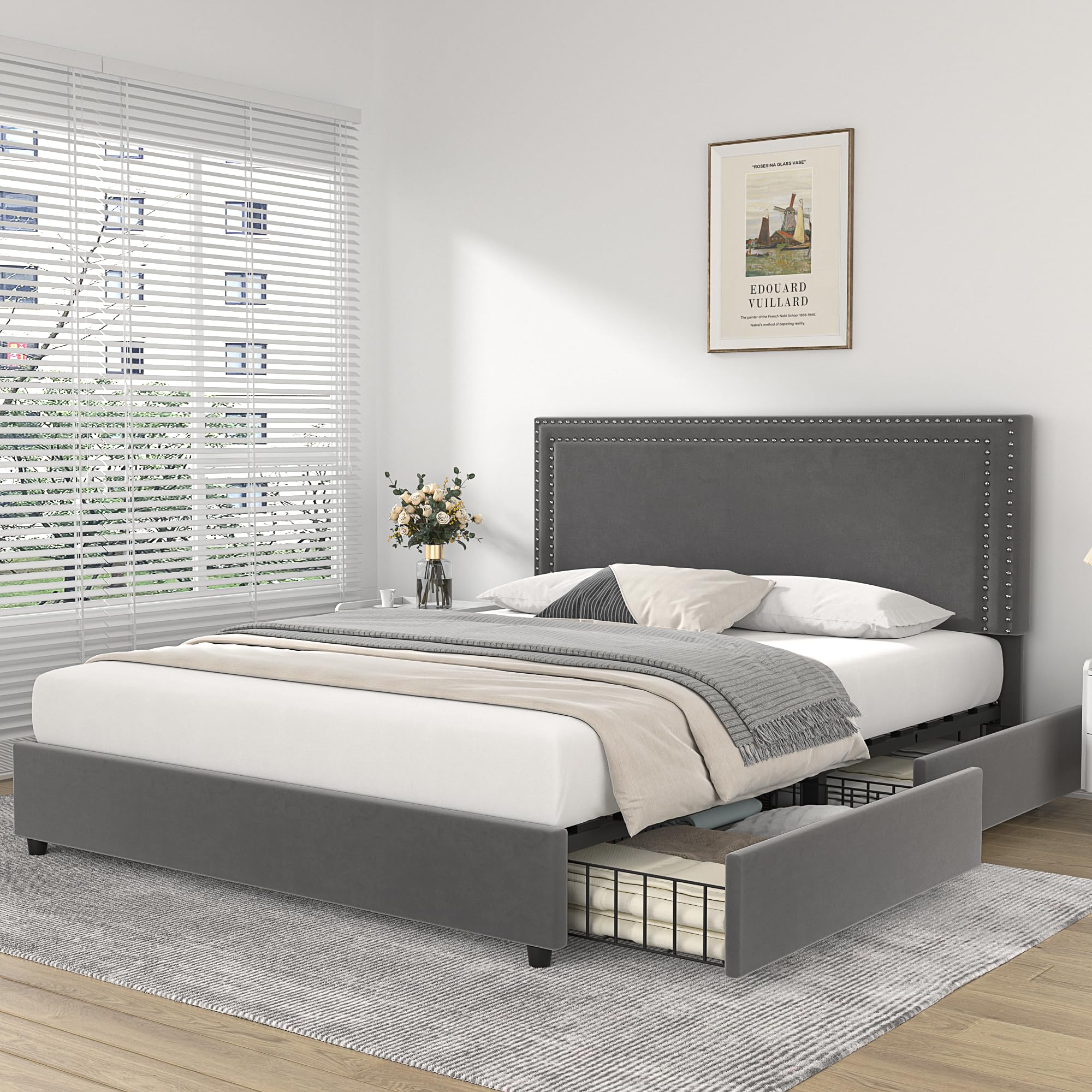 VECELO Queen Size Upholstered Platform Bed Frame with 4 Storage Drawers, Adjustable Velvet Rivets Headboard, Wooden Slats Support, No Box Spring Needed, Easy Assembly